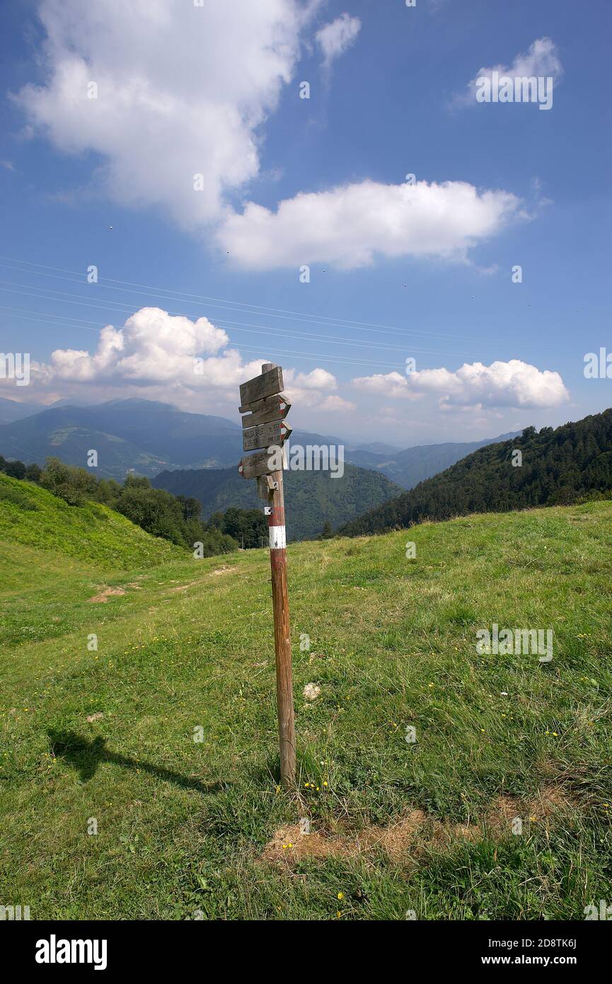 Pontogna (Bs), Trompia Valley, Italy,a road sign indicating trail ...