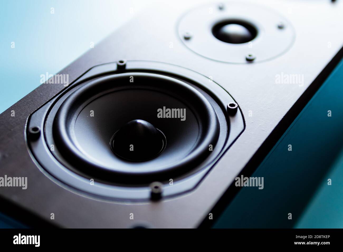 Closeup of black premium loudspeaker for music and home theater system ...