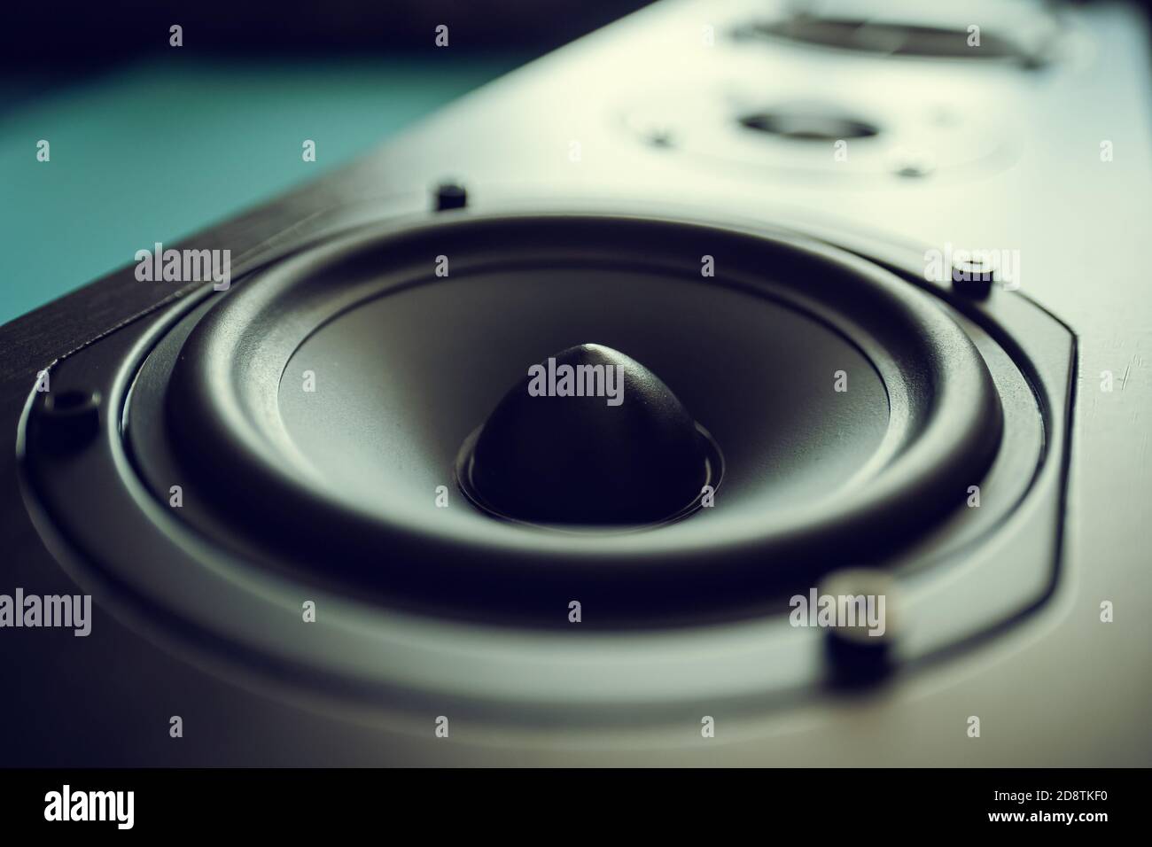 Closeup of black premium loudspeaker for music and home theater system ...