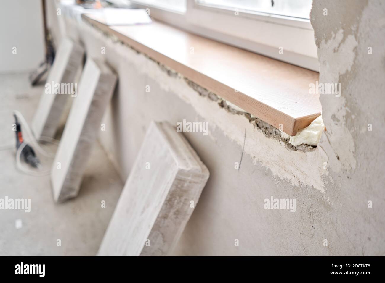 Wooden window sill, plywood covered with oak veneer. Window sill ...