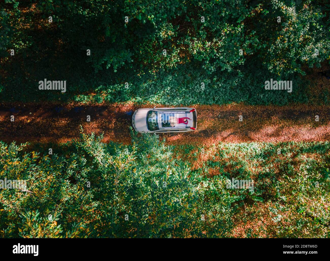 aerial view woman laying down on suv car roof in the middle of the ...