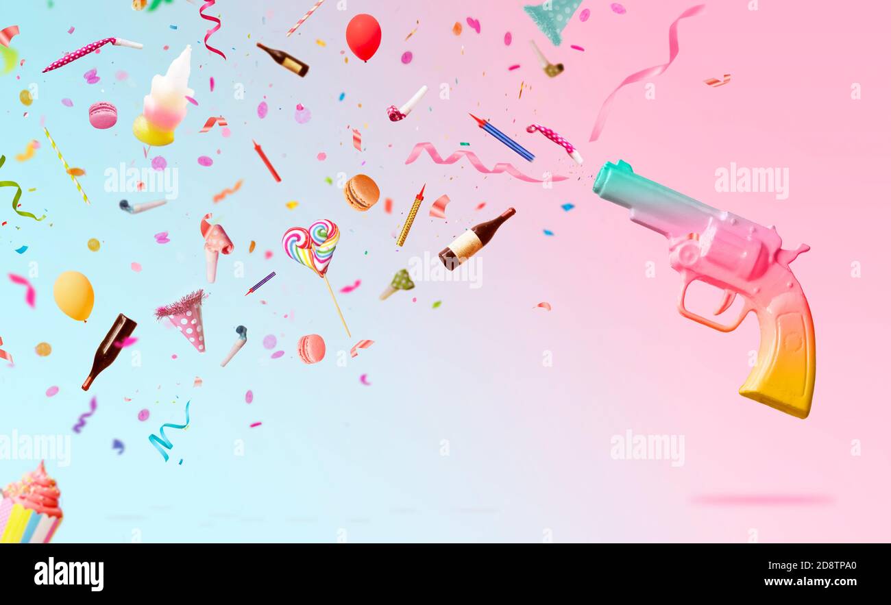 Party background with colorful gun, shooting confetti, streamers ...