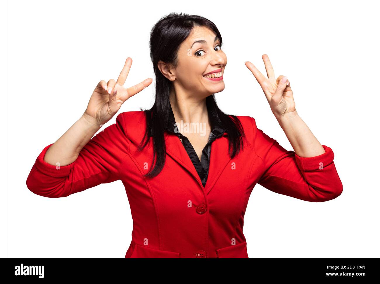 Woman making a double victory sign with her hands isolated on white ...