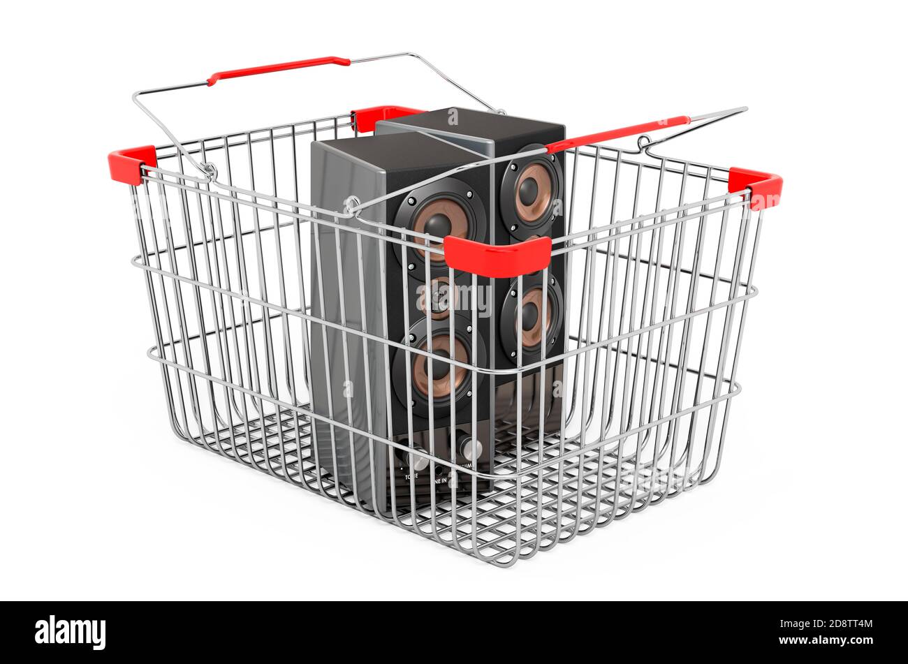 Musical speakers inside shopping basket, 3D rendering isolated on white ...