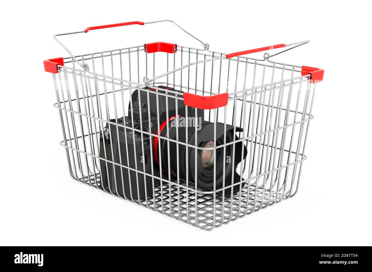 Digital camera inside shopping basket, 3D rendering isolated on white ...