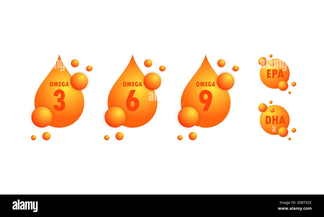 Omega acids. EPA, DHA drops set. Omega three, six and nine. Organic ...