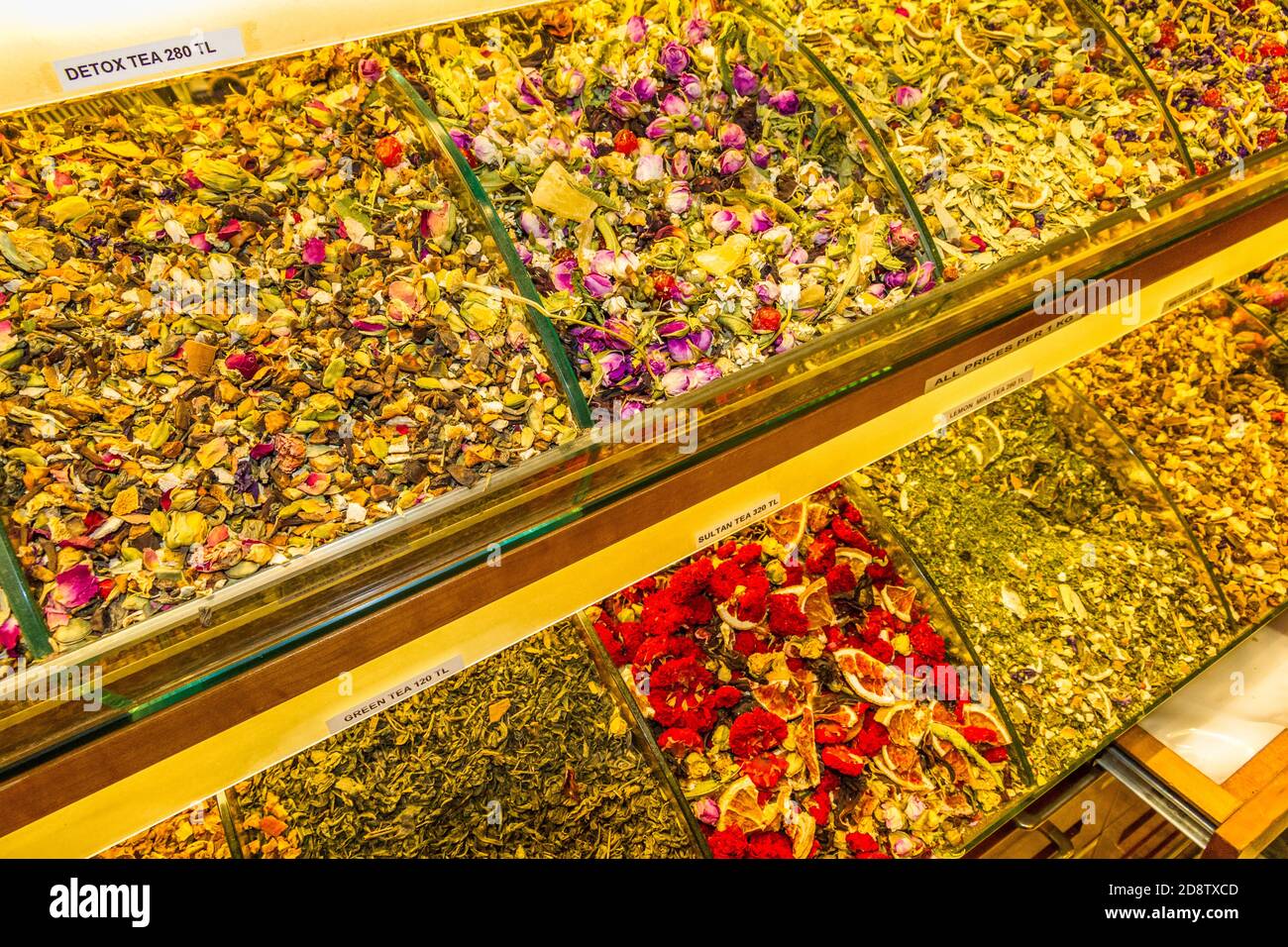 Trays of dried herbal tea leaves and fruits in market, Istanbul, Turkey ...