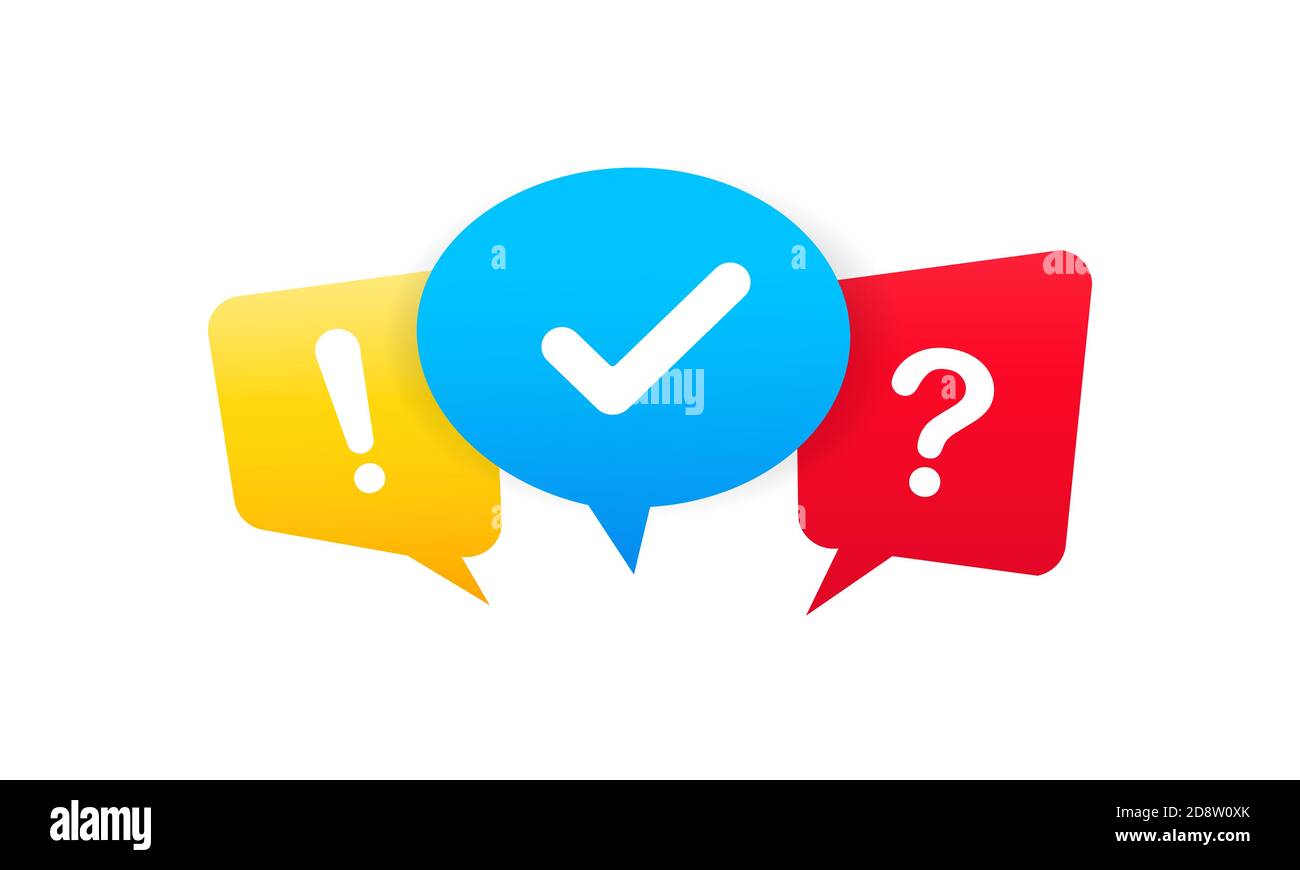Check mark, question mark and exclamation mark. Colored speech bubble ...