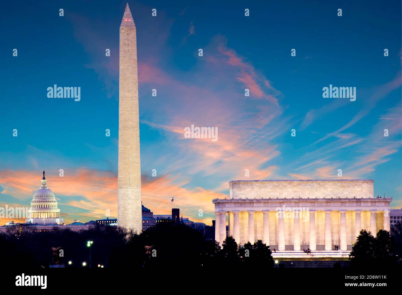 Washington DC skyline including Lincoln Memorial, Washington Monument ...