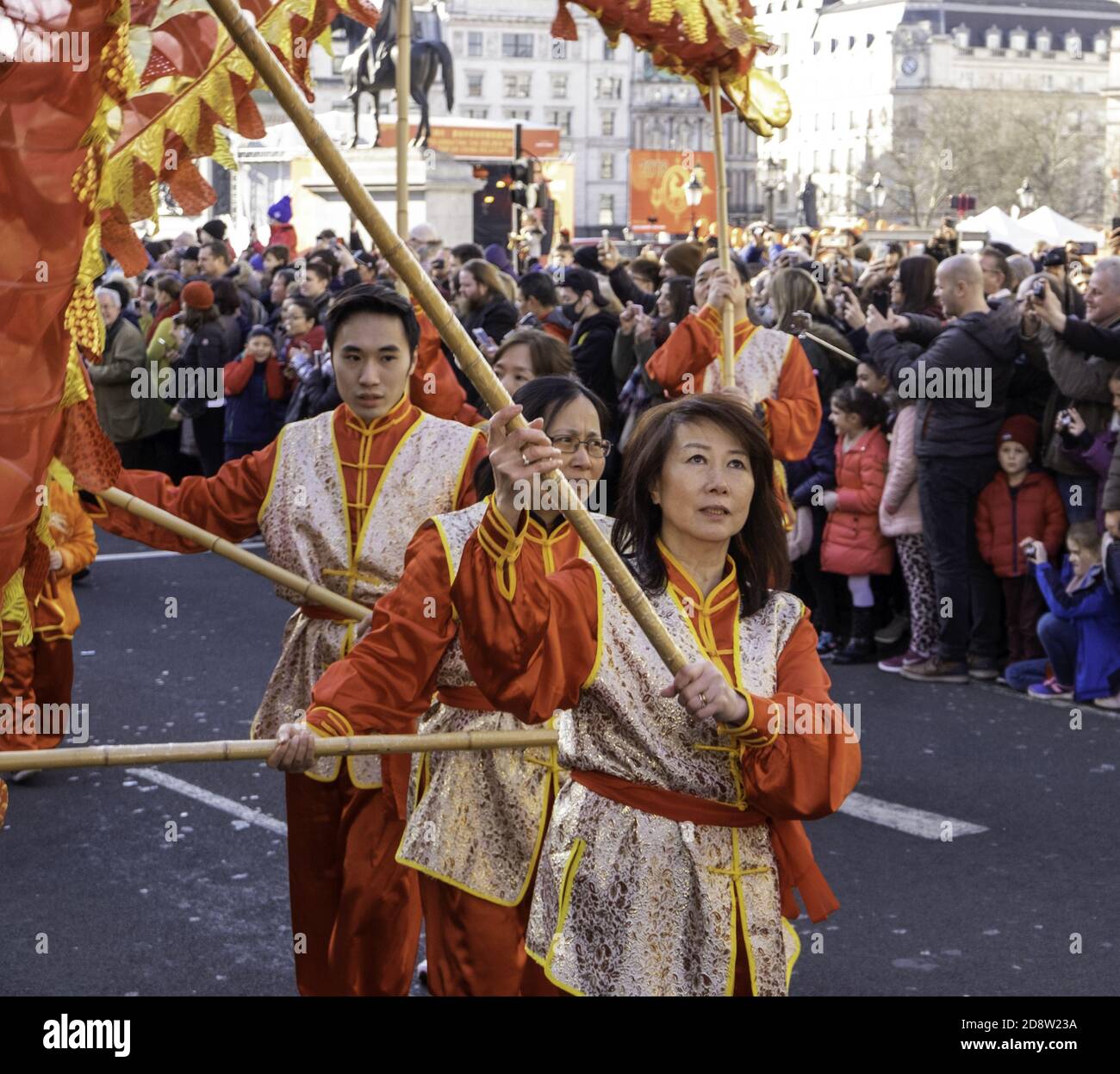 LONDON, UNITED KINGDOM - Feb 18, 2018: Flag waving in the Chinese New ...