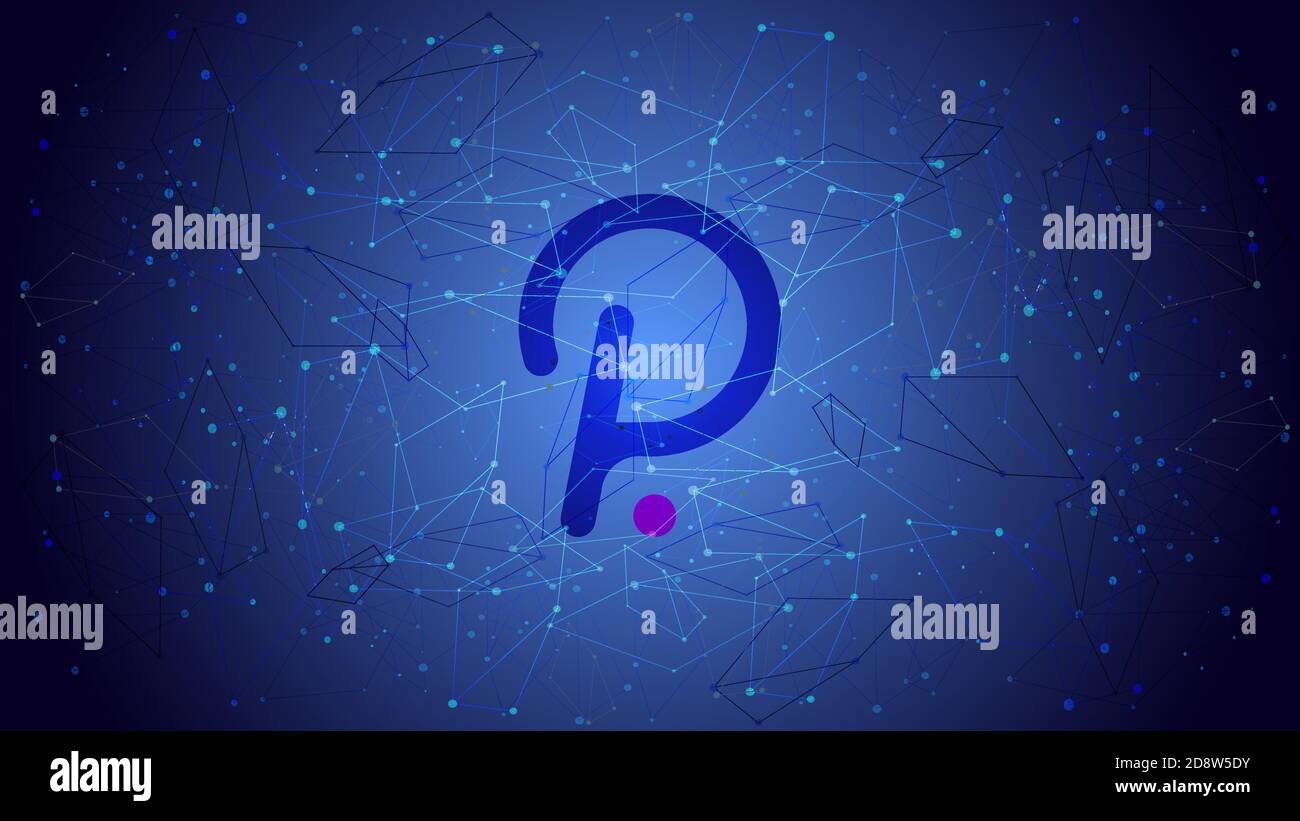 Polkadot DOT token symbol on a blue polygonal background ...