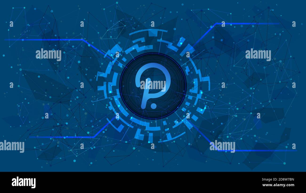 Polkadot DOT token symbol in a digital circle on polygonal blue ...