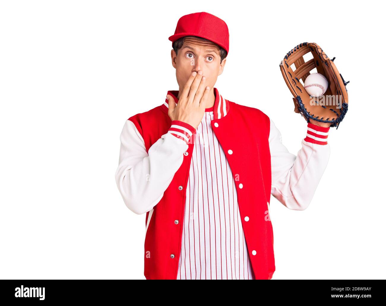 Young handsome man wearing baseball uniform holding golve and ball ...
