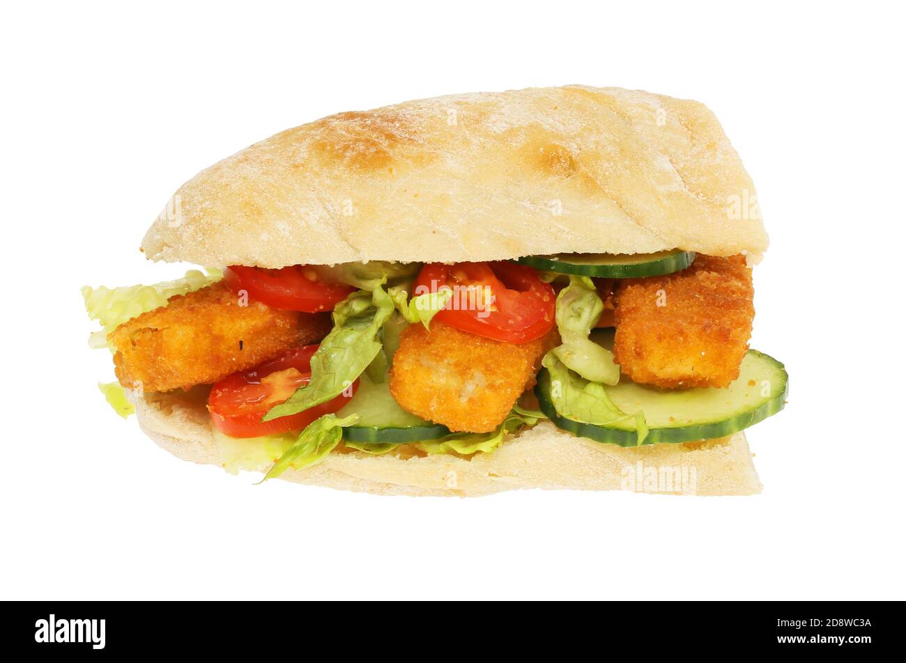 Fish fingers and salad in a ciabatta roll isolated against white Stock ...