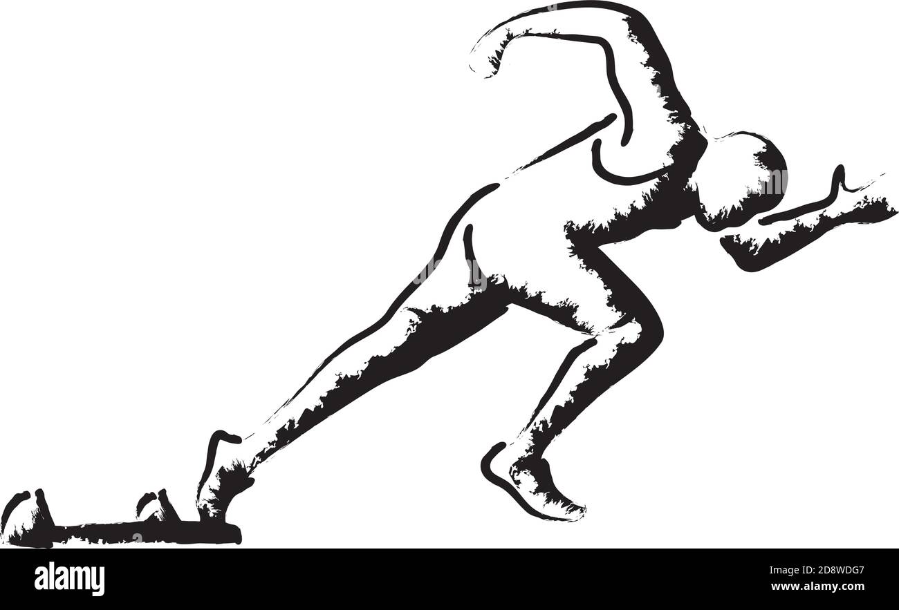 Stylized vector illustration with athlete sprinting at the starting ...
