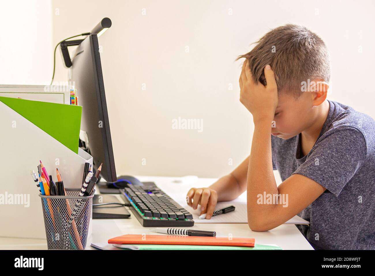 Kid with computer doing homework at home. Learning difficulties, online ...