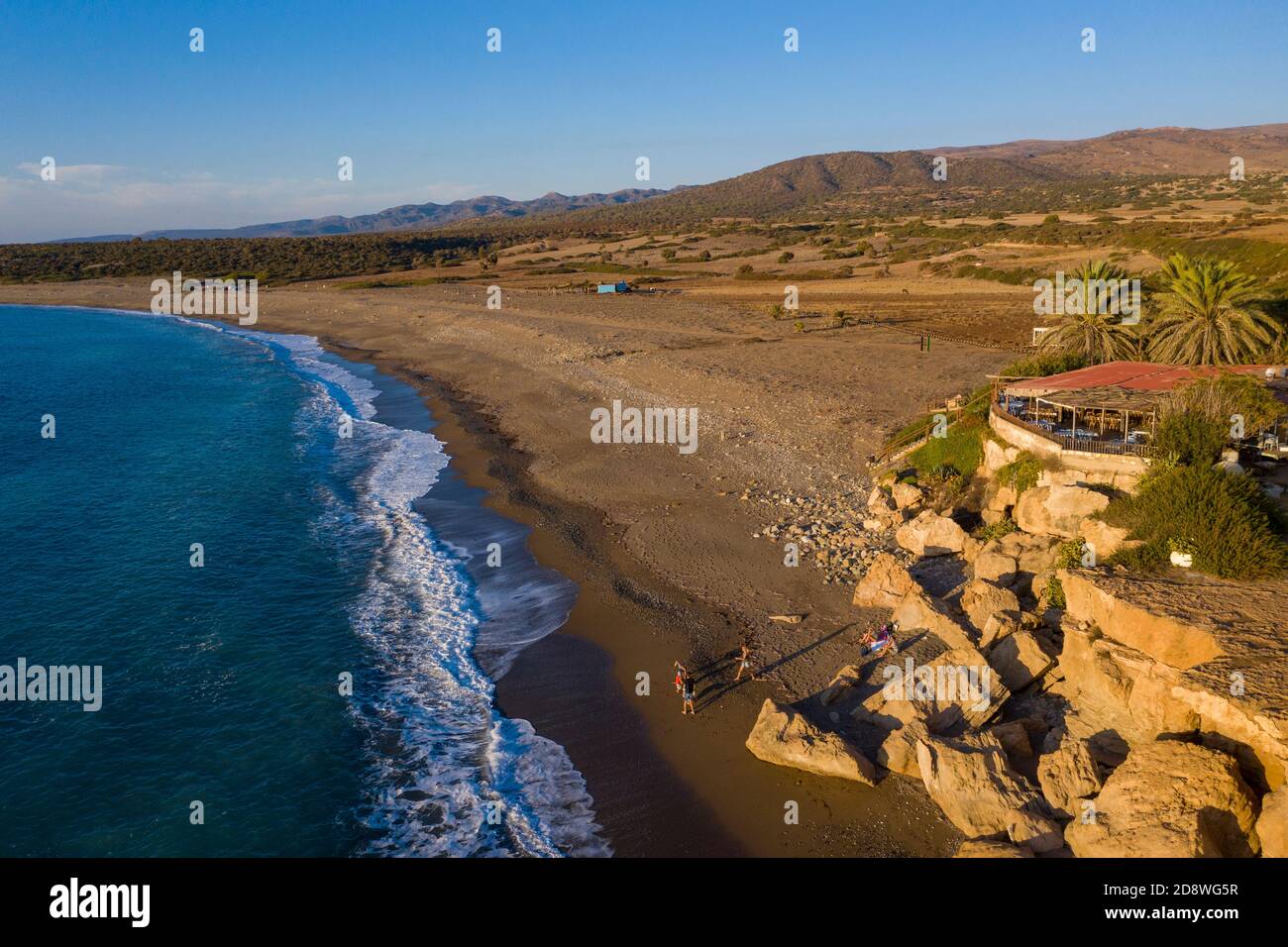Aerial view of the Lara restaurant and beach, Lara bay, Akamas ...