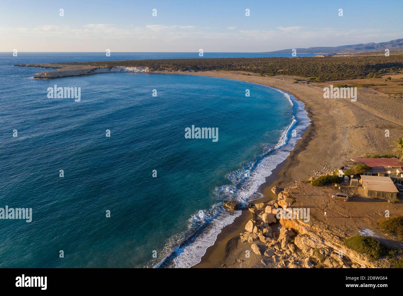 Aerial view of the Lara restaurant and beach, Lara bay, Akamas ...