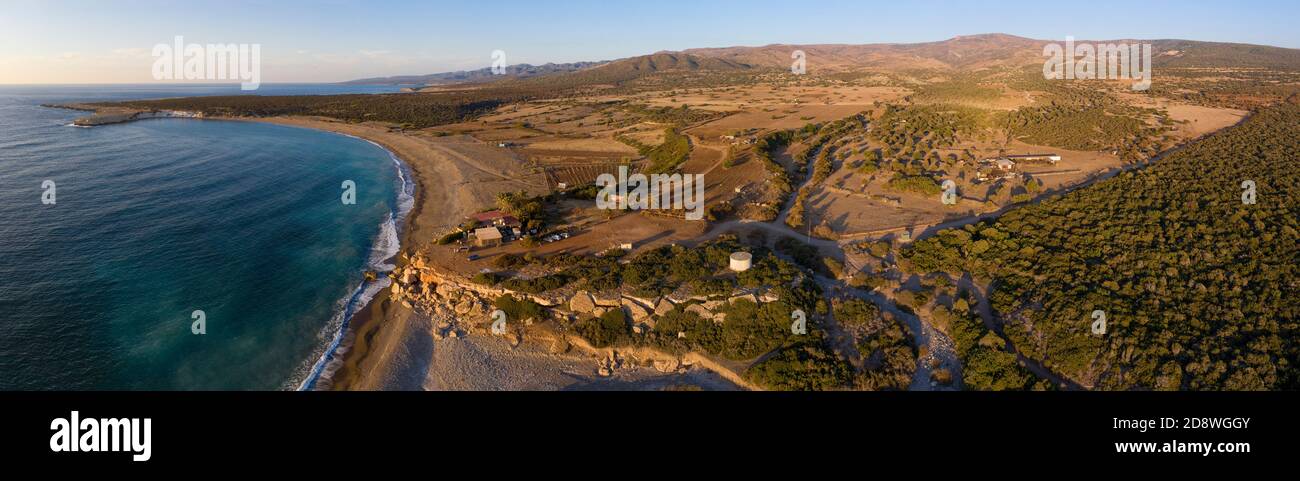 Aerial view of the Lara restaurant and beach, Lara bay, Akamas ...