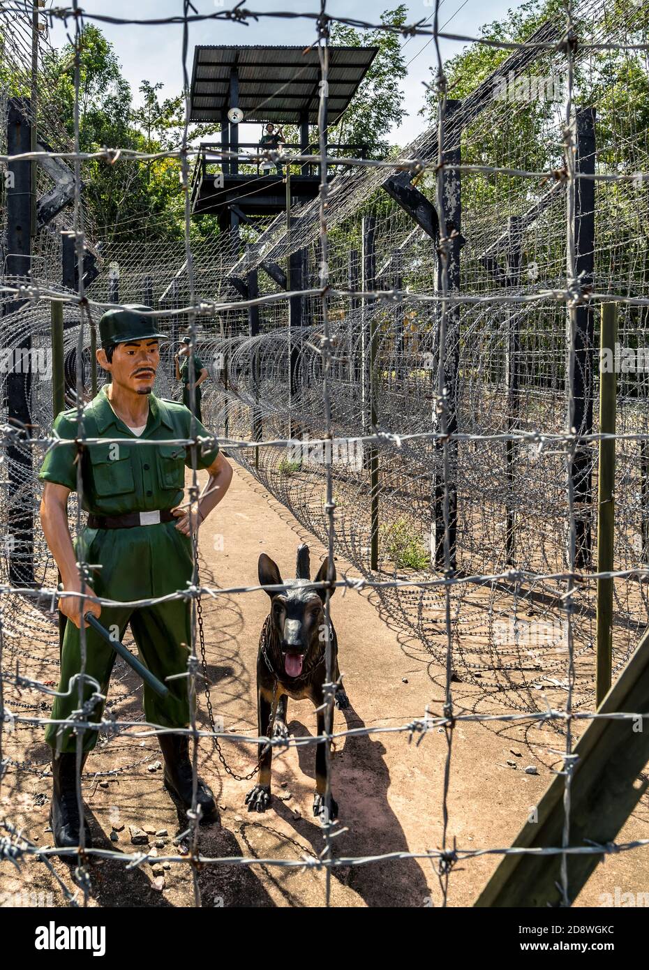 Prison guard. Fence with metal barb electricity wire of the prison ...