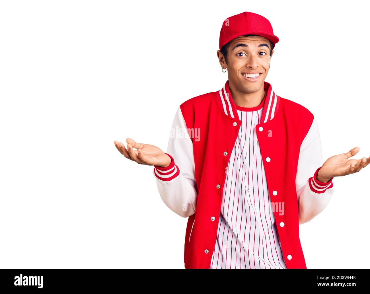 Young african amercian man wearing baseball uniform clueless and ...