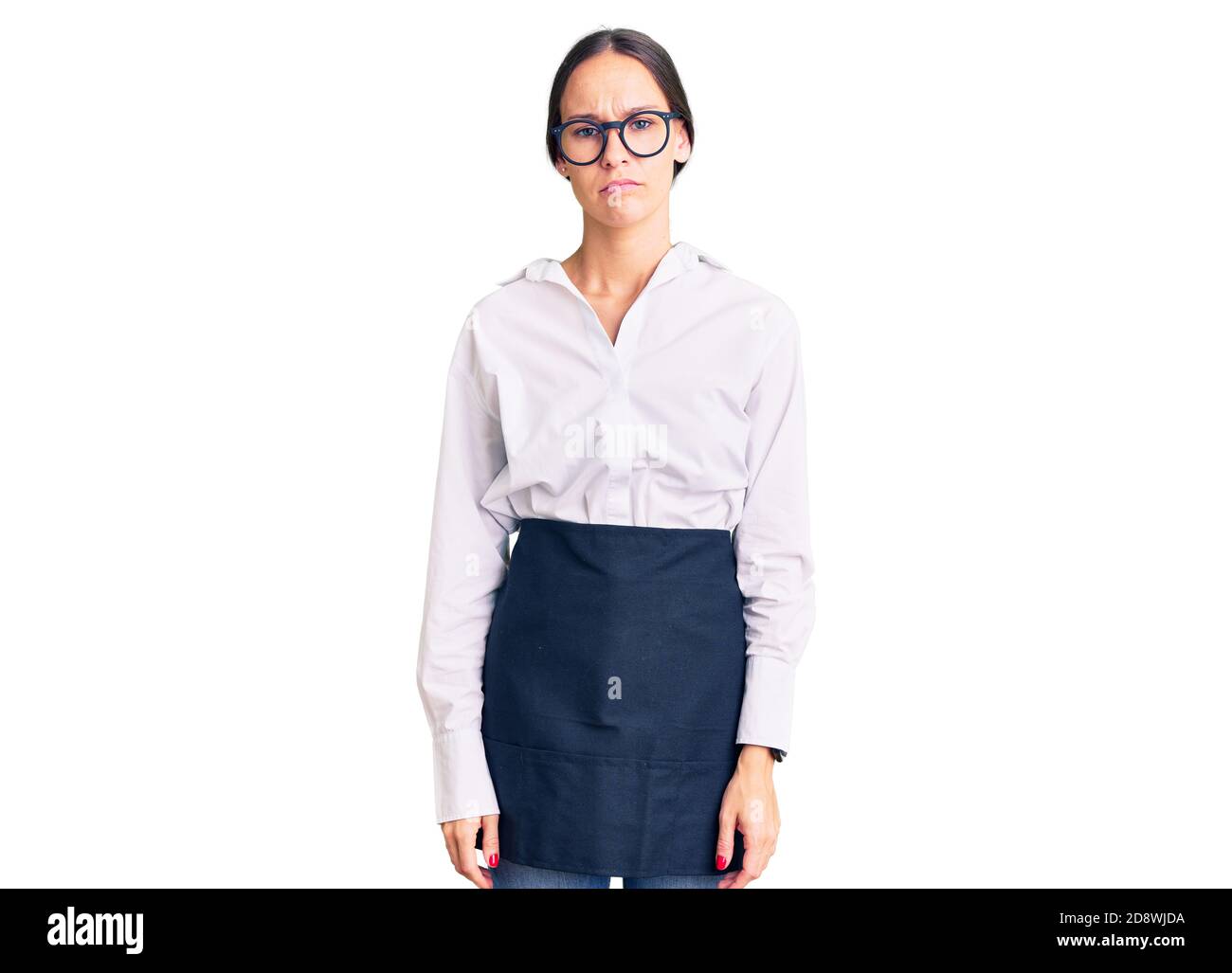 Beautiful brunette young woman wearing professional waitress apron ...