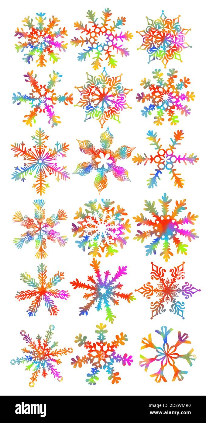 Set of rainbow snowflakes. A multi-colored abstraction of a snowflake ...