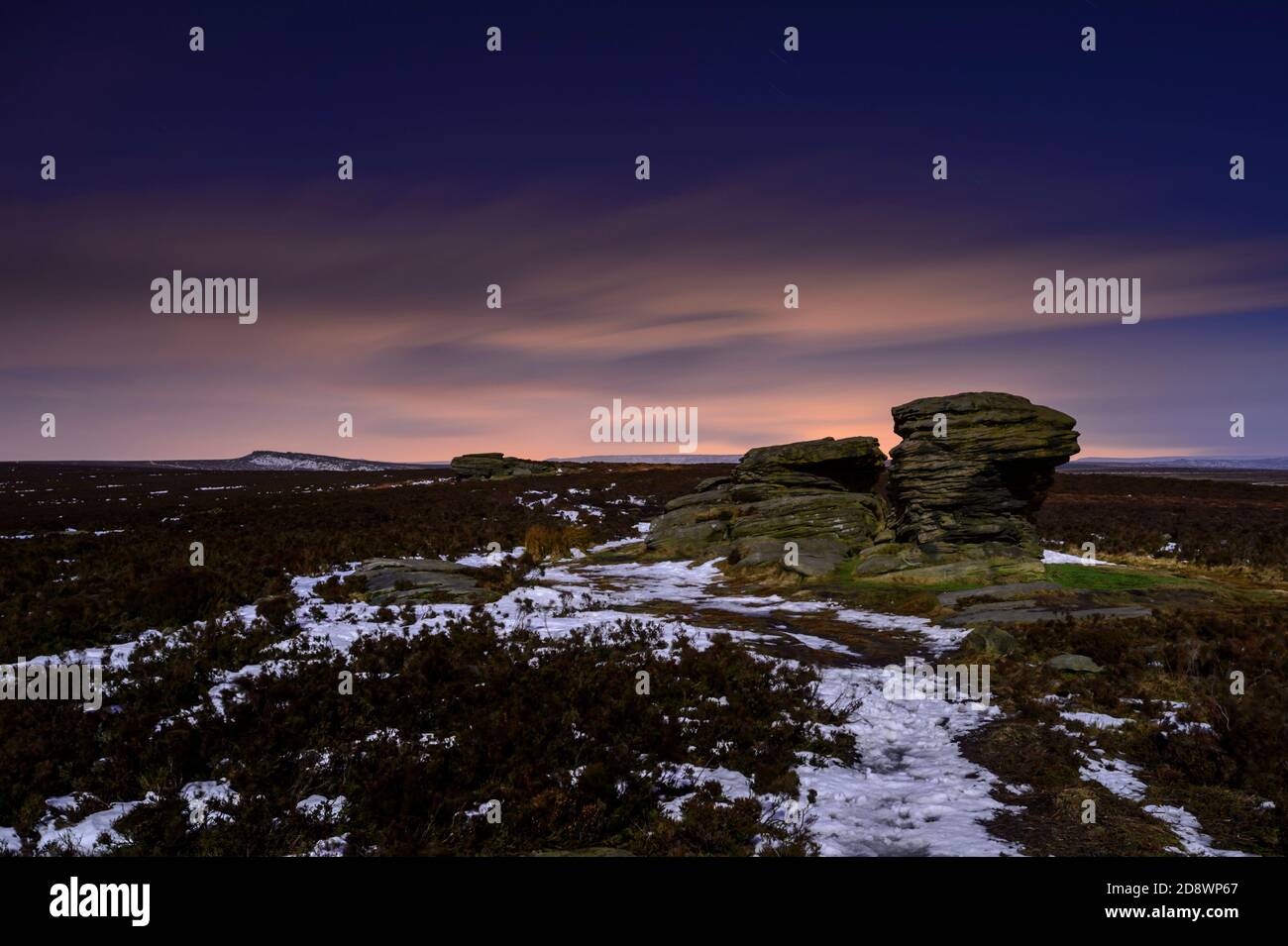 The Ox Stones lit by moonlight, Burbage Moor (near Ringinglow ...