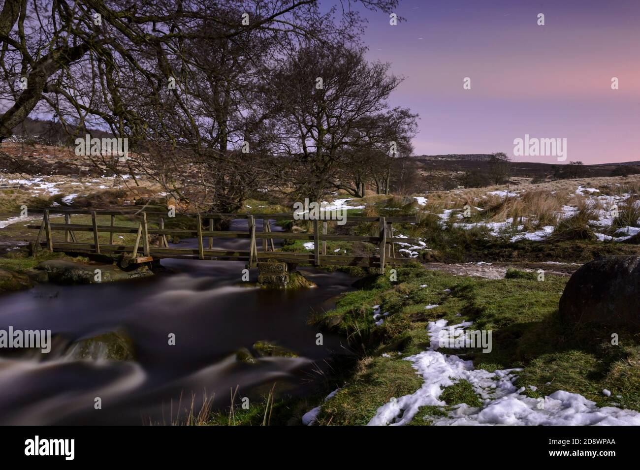 Bridge over Burbage Brook by moonlight, Padley Gorge, Peak District ...