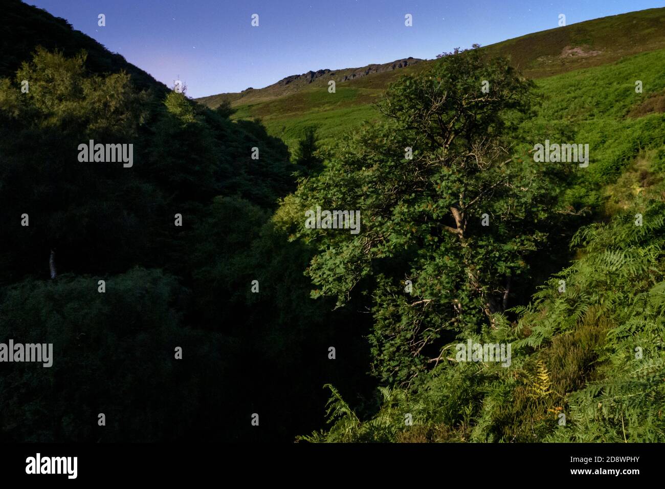 Light by the full moon, Fairbrook Naze, Kinder Scout, Derbyshire, Peak ...