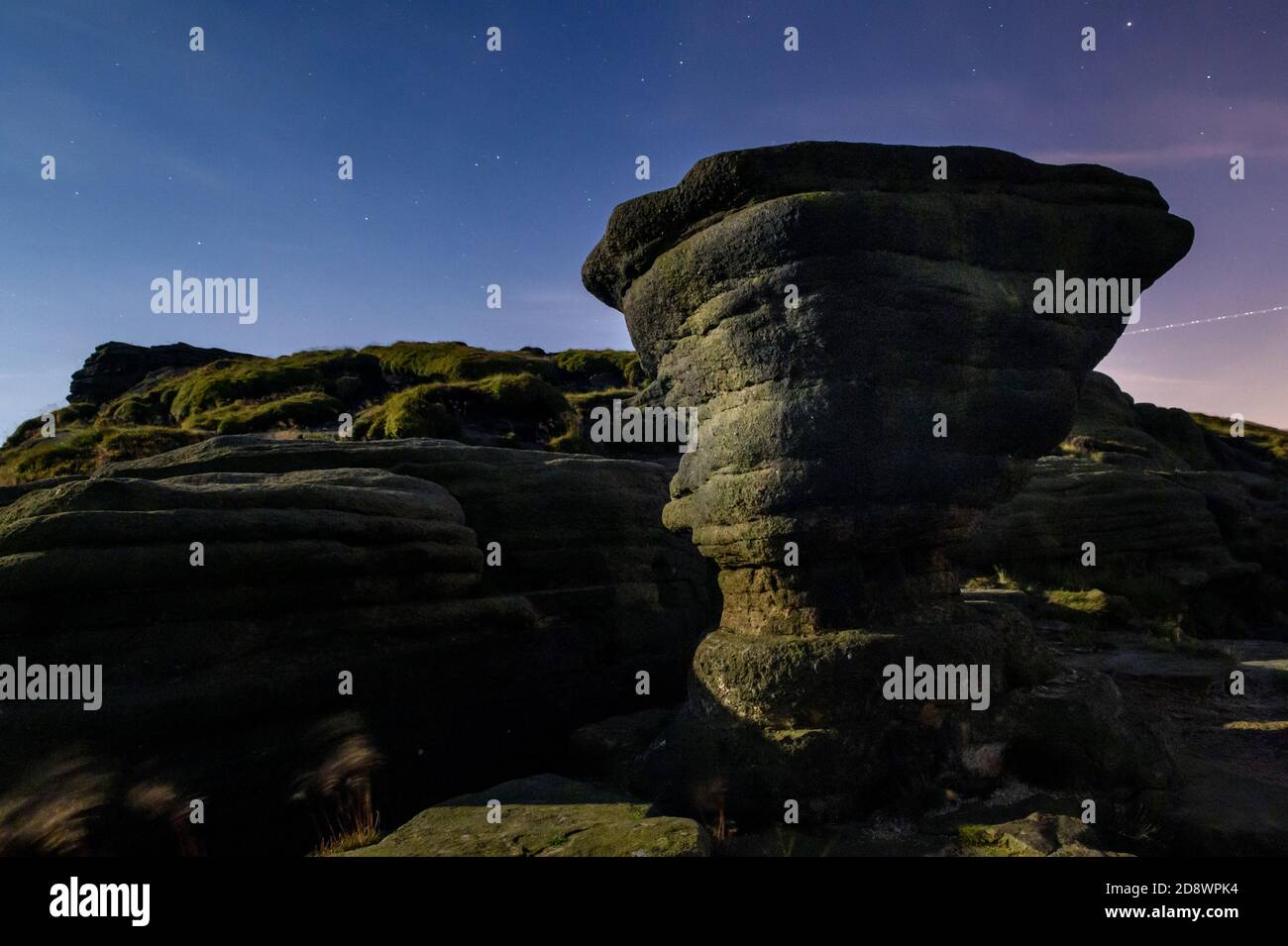 Weathered rock formation lit by the full moon, Fairbrook Naze, Kinder ...