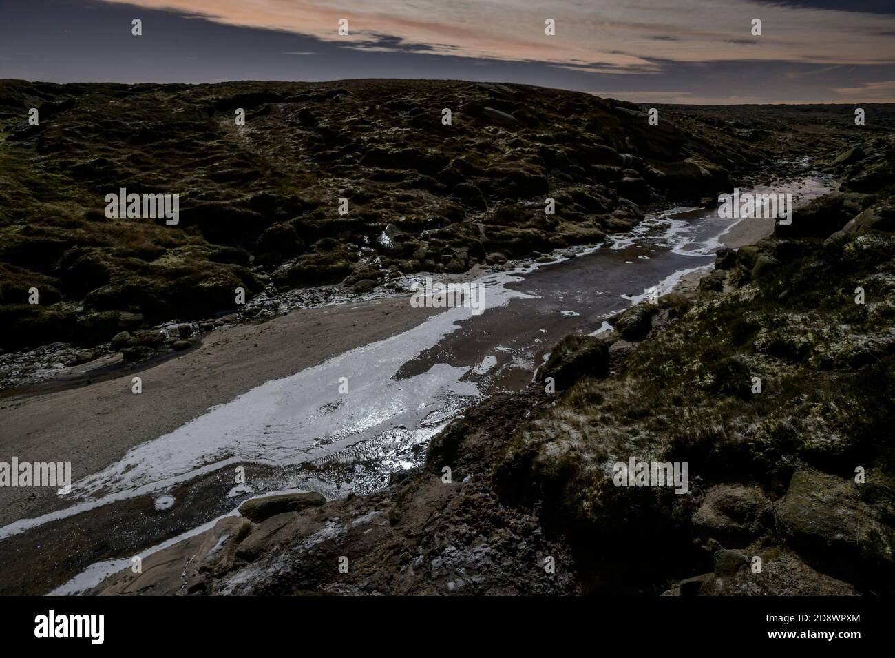 River Kinder in Winter in moonlight, Kinder Gates, Kinder Scout ...