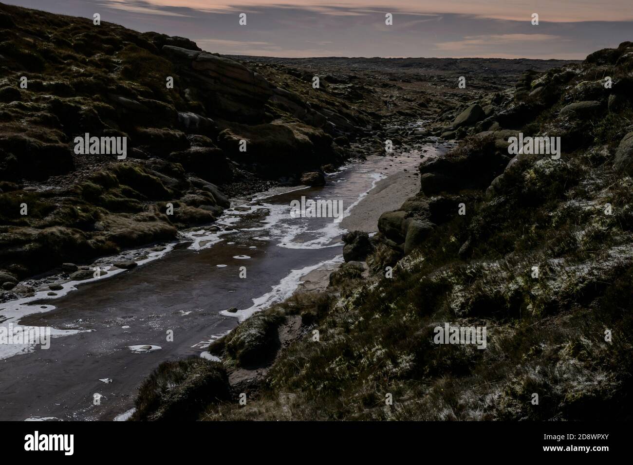 River Kinder in Winter in moonlight, Kinder Gates, Kinder Scout ...