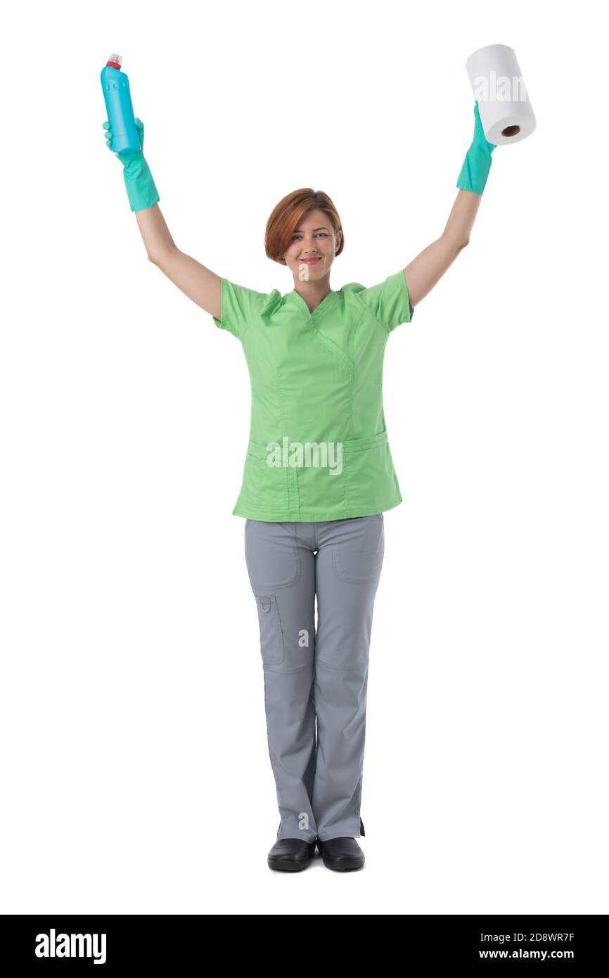 Cleaner woman with cleaning supplies bottle and rag roll of dust cloth ...