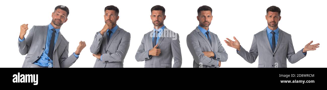 Set of young business man portraits doing different gestures isolated ...