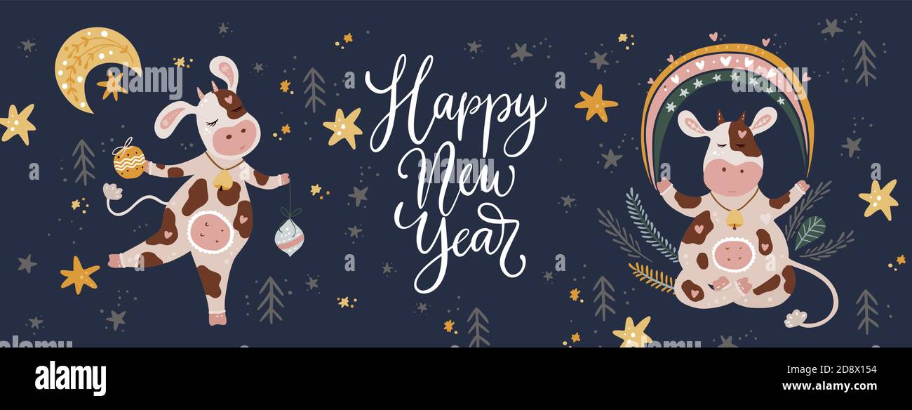 Christmas cow animal social media vector banner. Cute draw vector ...