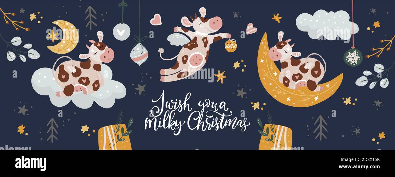 Christmas cow animal social media vector banner. Cute draw vector ...