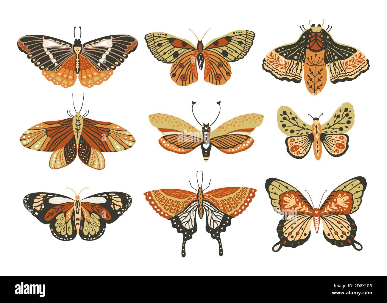 Boho vector art design with bohemian butterfly. Isolated insect icon ...