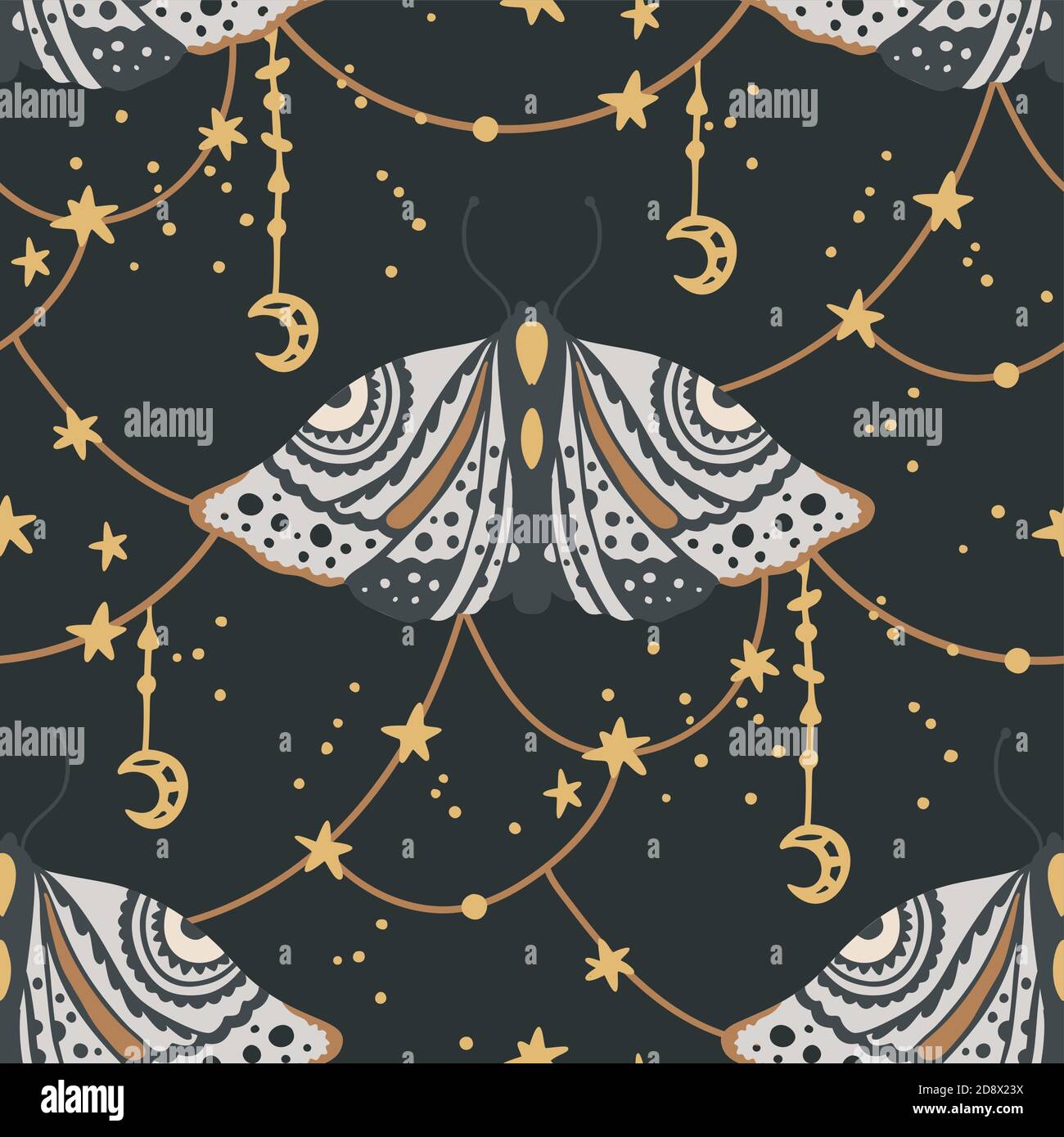 Moth, moon and star vector seamless pattern. Night butterfly nature ...