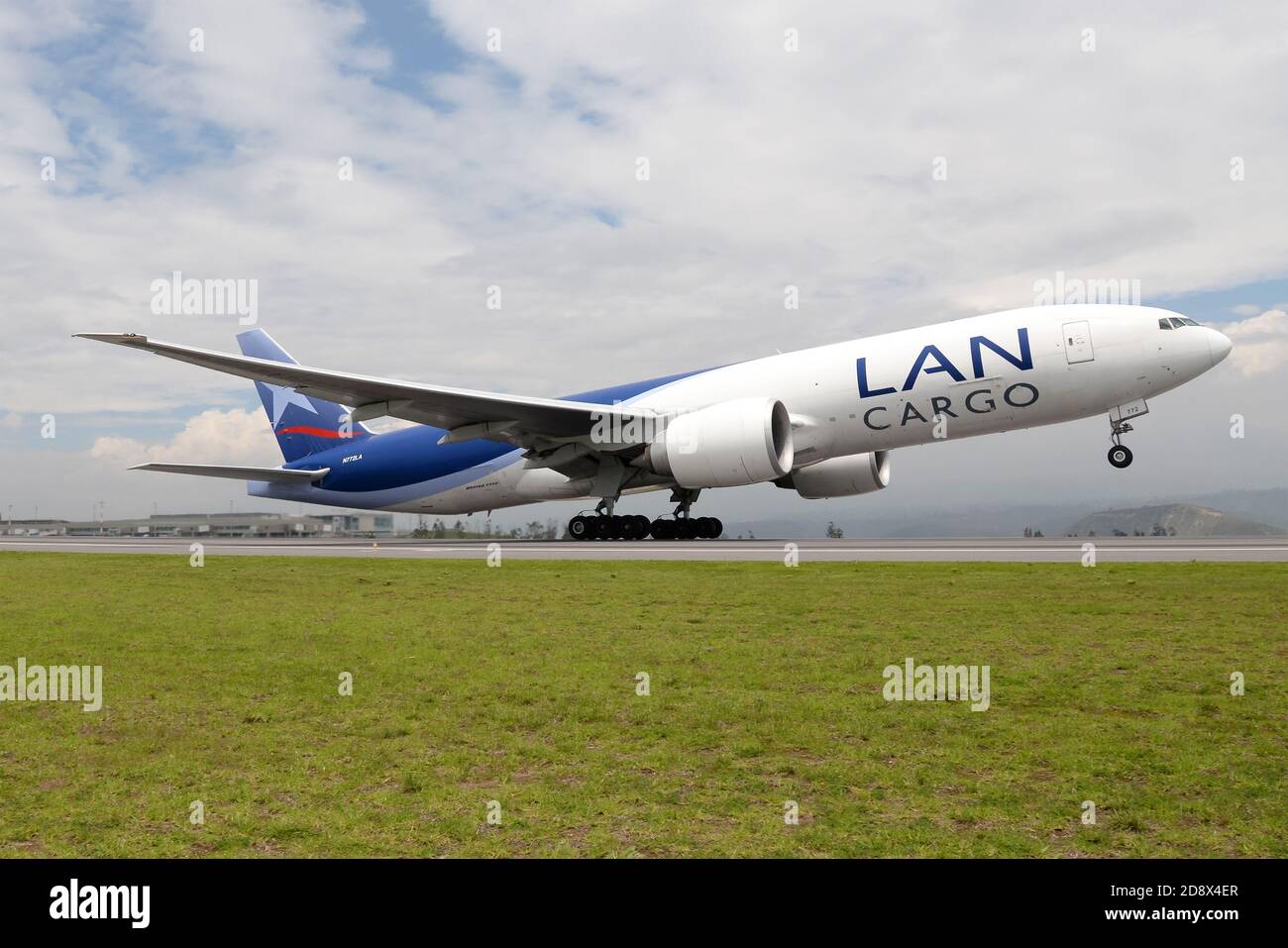 LAN Cargo Boeing 777 freighter departing Quito Airport, Ecuador. 777F ...