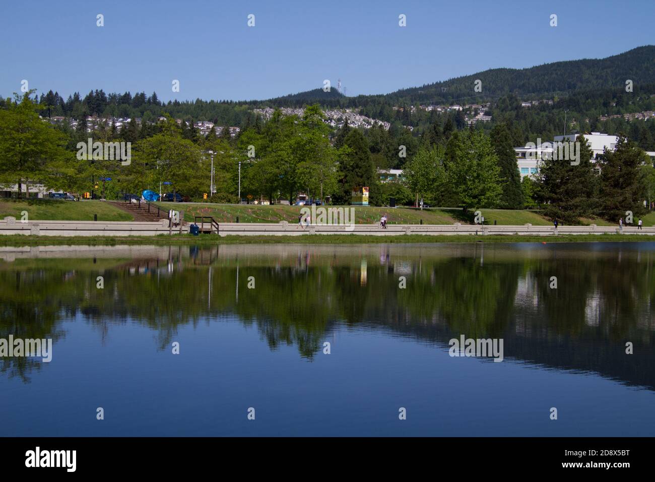 A view of a trail around a lake with trees and buildings in the ...