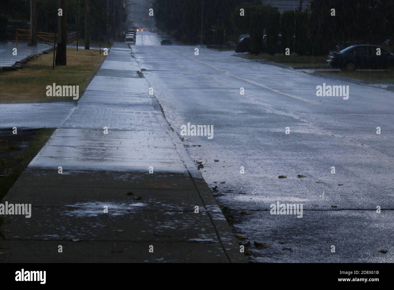 A street caught in a downpour of rain where you can see a dry patch ...