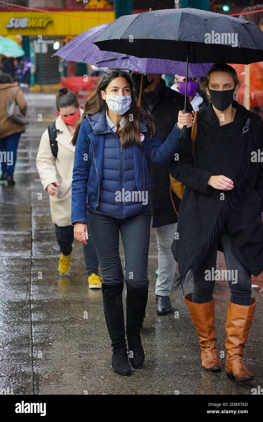 US Congresswoman Alexandra Ocasio-Cortez wearing a face mask seen at ...