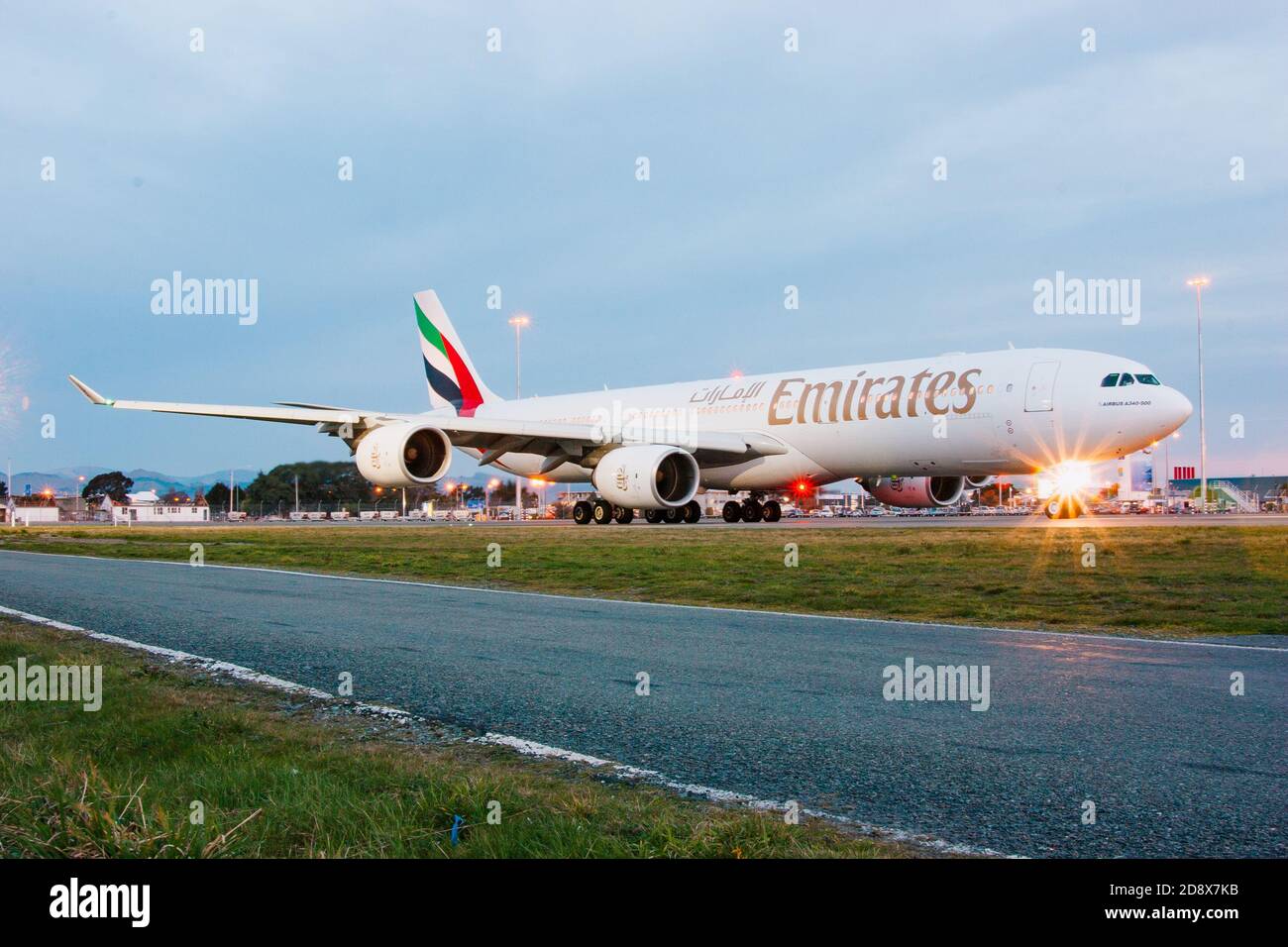 an Emirates Airbus A340-500 ready to taxi at Christchurch Airport, New ...