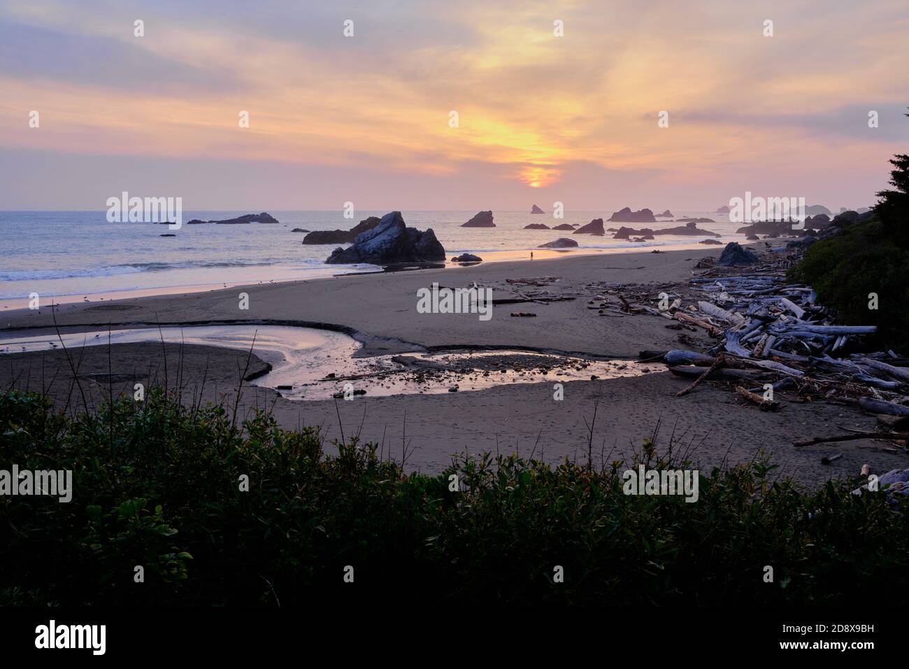 Sea stacks, rocky outcrops and creek flowing into sea, form beautiful ...