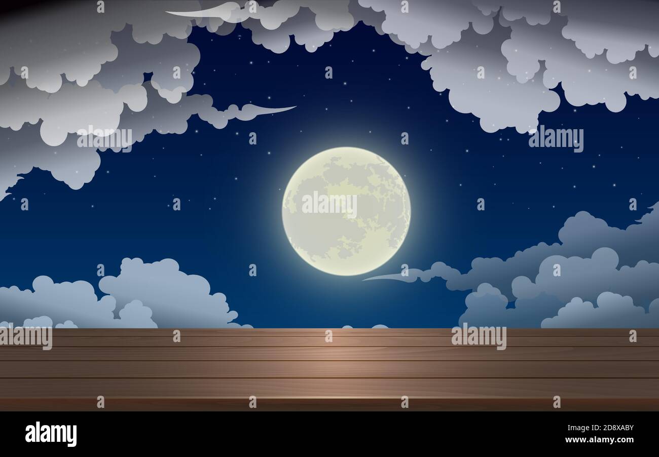 wooden table with full moon and cloud in the night background Stock ...