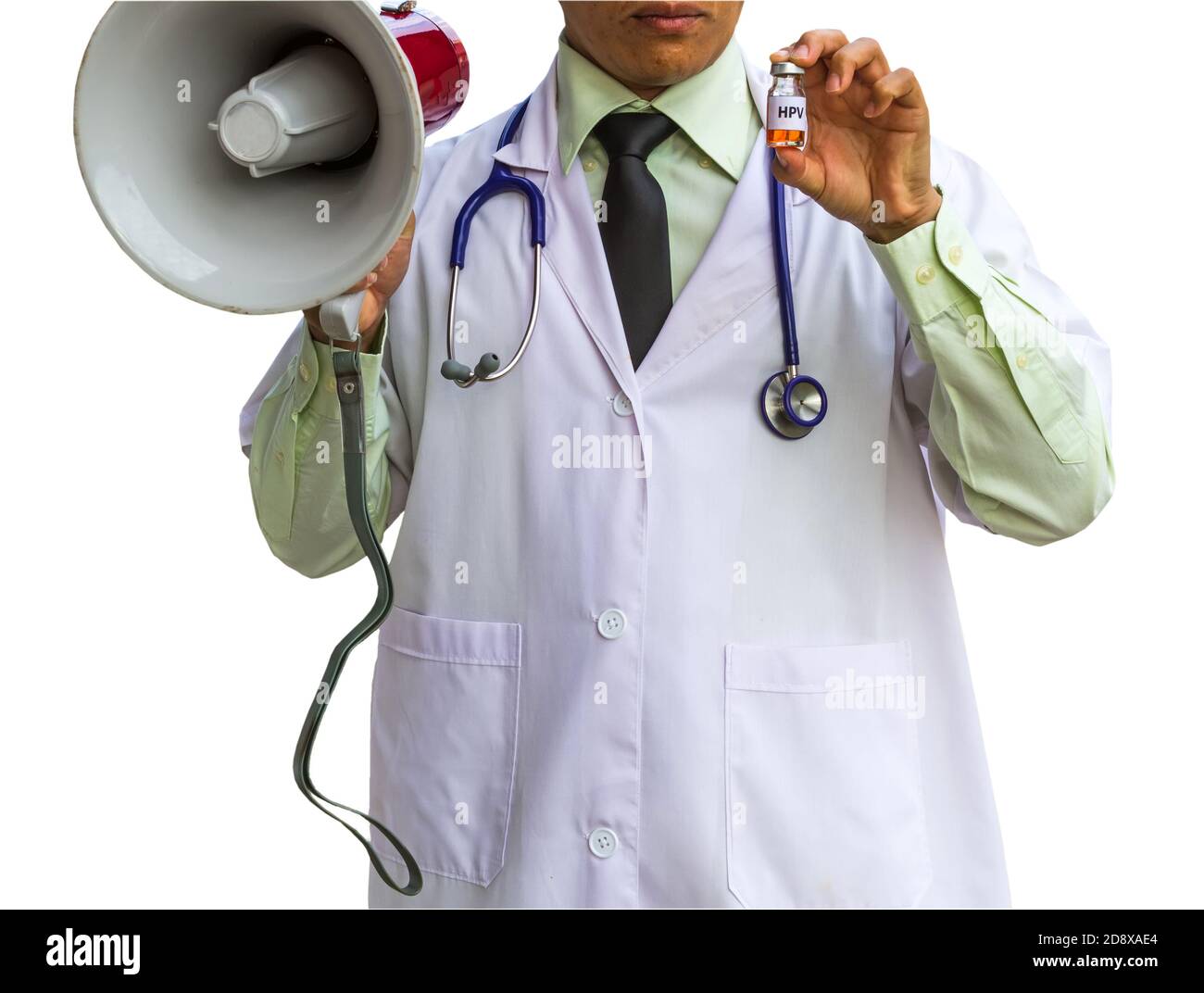 Male doctor shouting on a megaphone and holding HPV vaccine on hand ...
