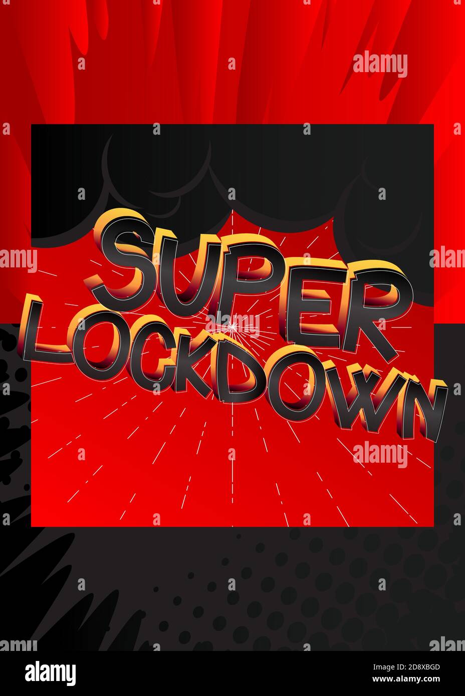 Super Lockdown Comic book style cartoon words on abstract colorful ...