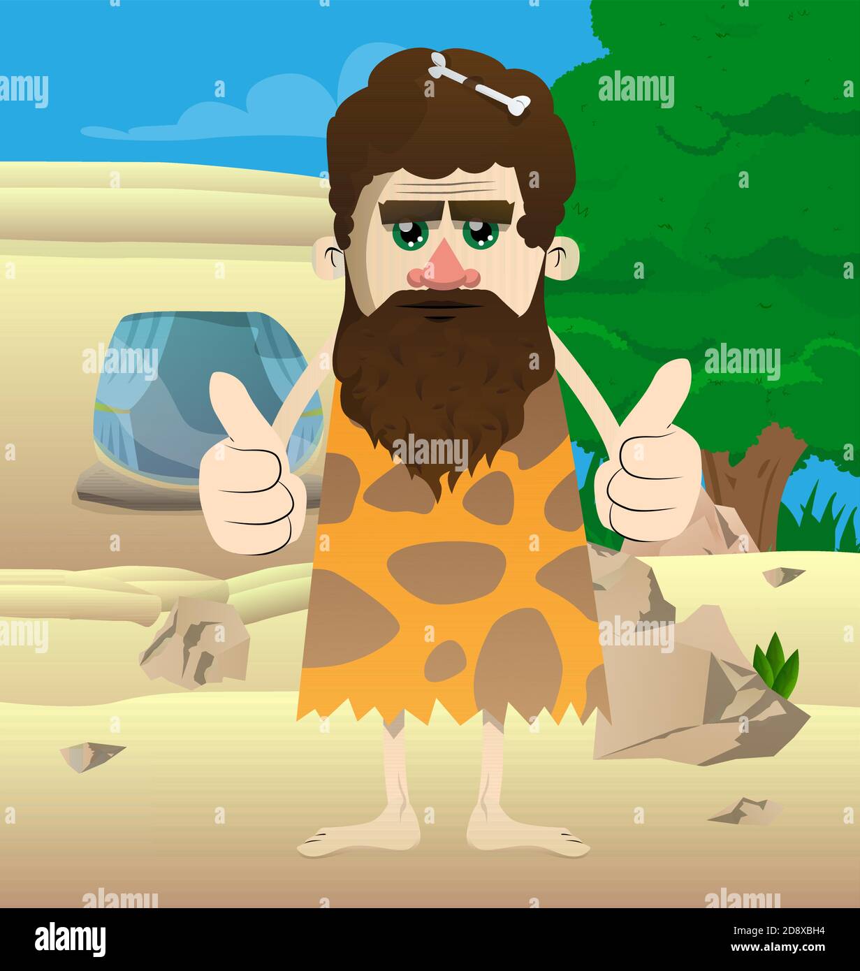 Cartoon caveman making thumbs up sign with two hands. Vector ...