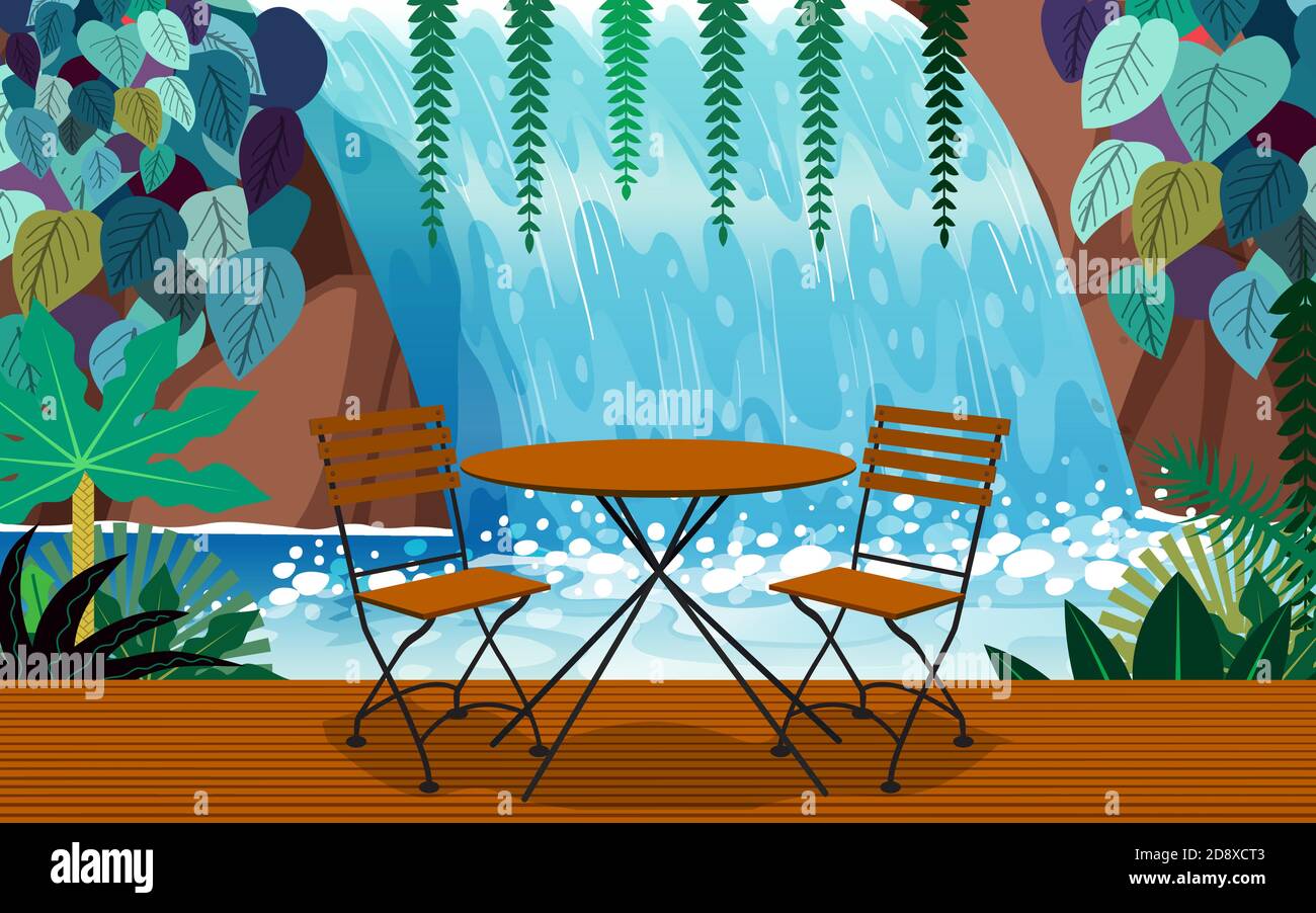 wood table and chair in cafe and restaurant with waterfall background ...